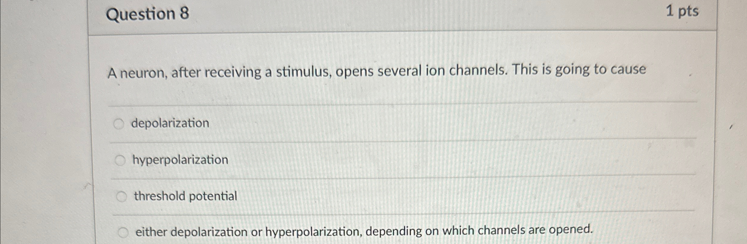 Solved Question 81 ﻿ptsA neuron, after receiving a stimulus, | Chegg.com