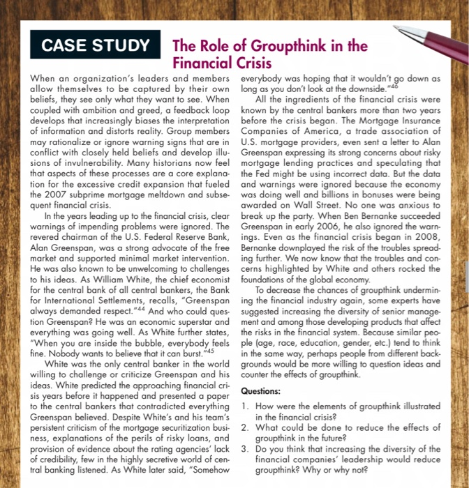 Solved CASE STUDY The Role of Groupthink in the Financial | Chegg.com