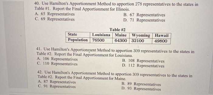 Solved 40. Use Hamilton's Apportionment Method to apportion | Chegg.com