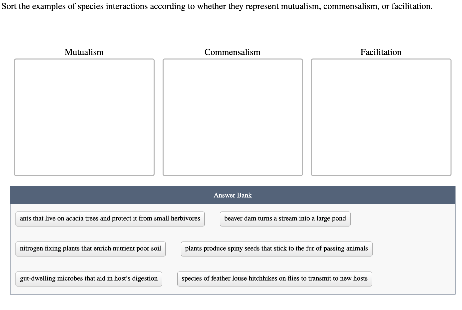 Solved Sort the examples of species interactions according | Chegg.com