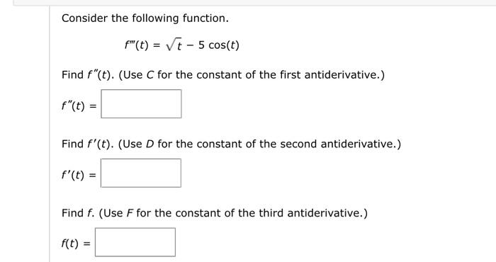Solved Consider the following function. f′′′(t)=t−5cos(t) | Chegg.com