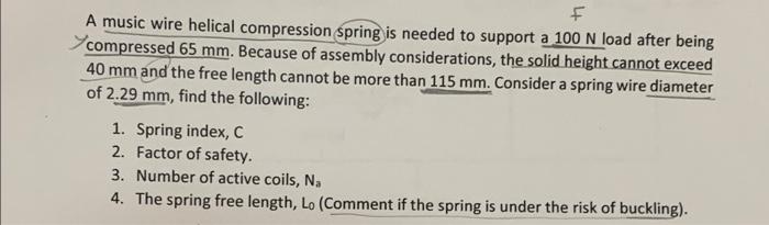 Solved f A music wire helical compression spring is needed | Chegg.com