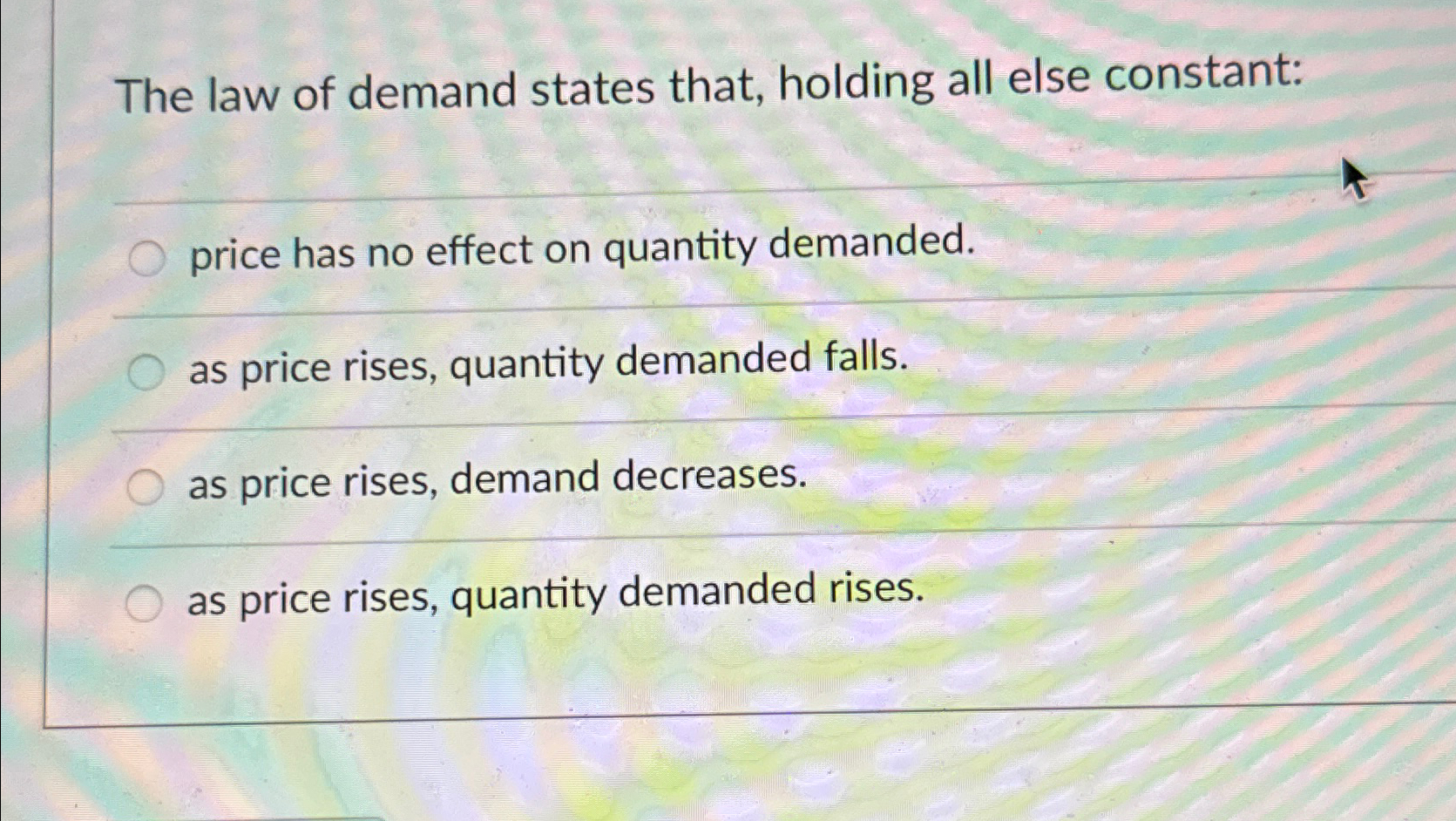 Solved The law of demand states that, holding all else | Chegg.com