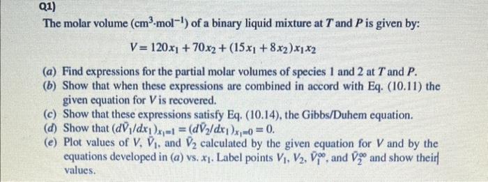 The molar volume (cm3⋅mol−1 ) of a binary liquid | Chegg.com