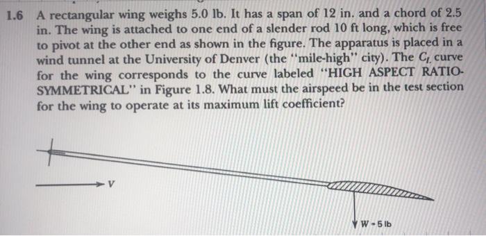 Solved 1.6 A rectangular wing weighs 5.0 lb. It has a span | Chegg.com