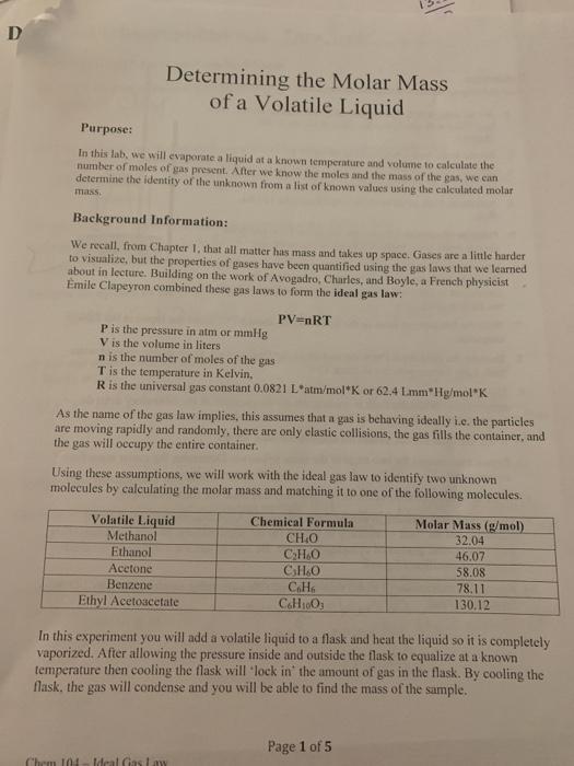 Solved 1. Based on your calculated mola mass, what are the | Chegg.com