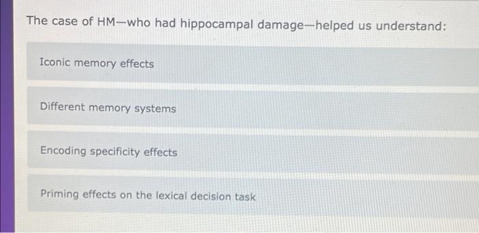 Solved The case of HM-who had hippocampal damage-helped us | Chegg.com