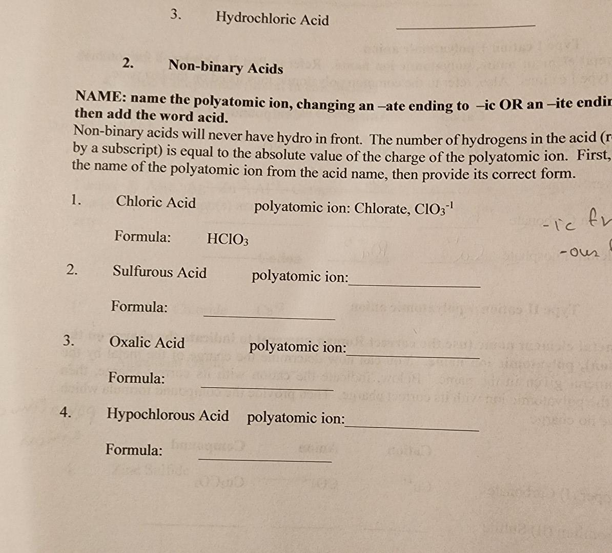 Solved 2. Non-binary Acids NAME: name the polyatomic ion, | Chegg.com