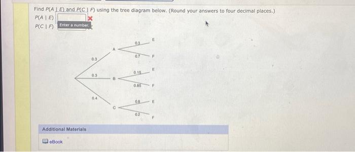 Solved Find P(A,E. and P(C,F) using the tree diagram below. | Chegg.com