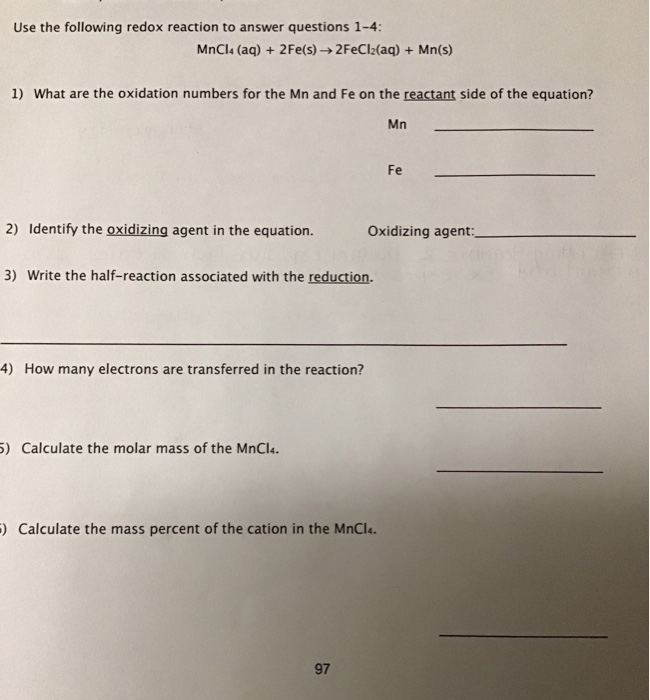 Solved Use the following redox reaction to answer questions | Chegg.com