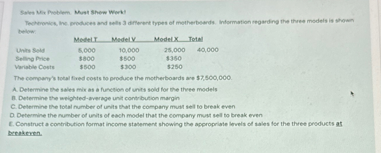 Solved Sales Mix Problem. Must Show Work!Techtronics, Inc. | Chegg.com