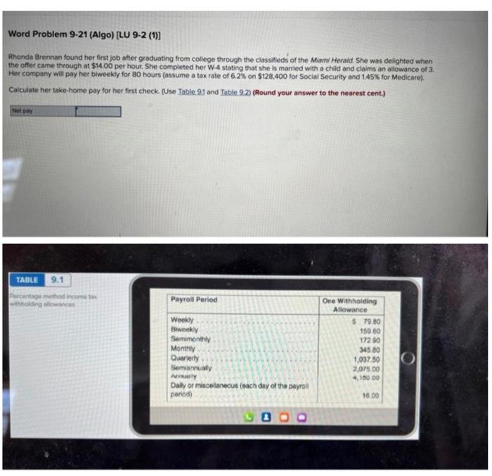 TABLE 9.2 Percentage method income tax withholding | Chegg.com