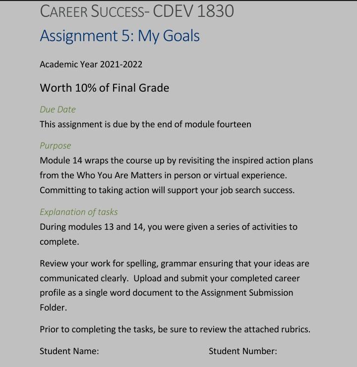 Solved CAREER SUCCESS- CDEV 1830 Assignment 5: My Goals | Chegg.com