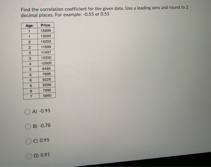 Solved Find the correlation coefficient for the given data. | Chegg.com