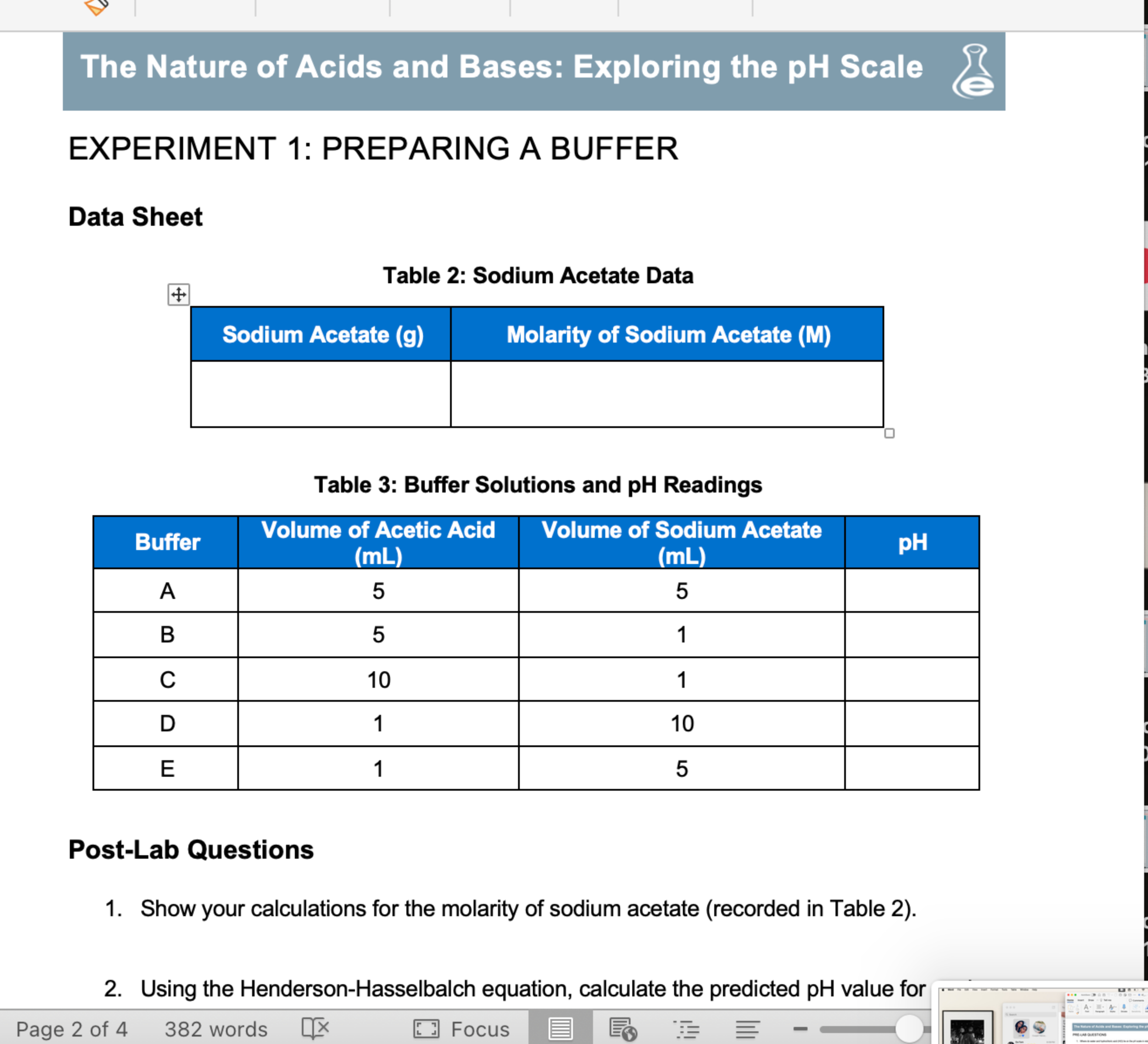 EXPERIMENT 1: PREPARING A BUFFERData SheetTable 2: | Chegg.com EXPERIMENT 1: PREPARING A BUFFERData SheetTable 2: | Chegg.com