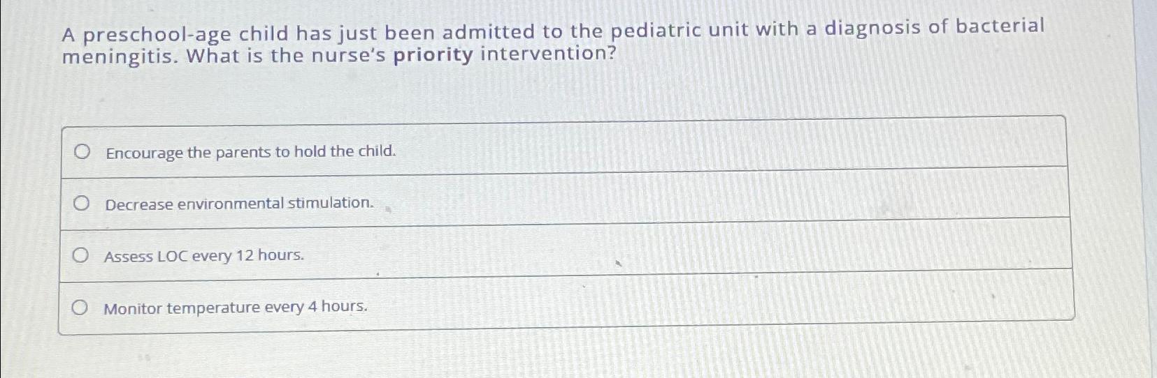 Solved A preschool-age child has just been admitted to the | Chegg.com