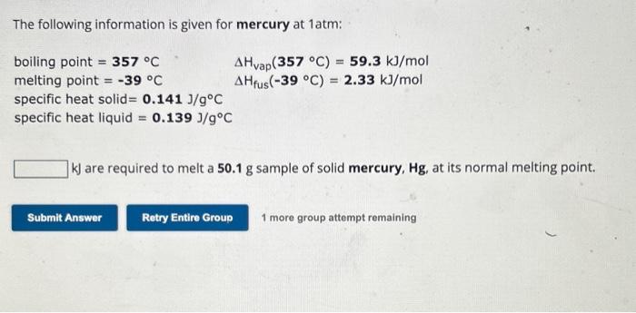 Solved The following information is given for mercury at 1 | Chegg.com