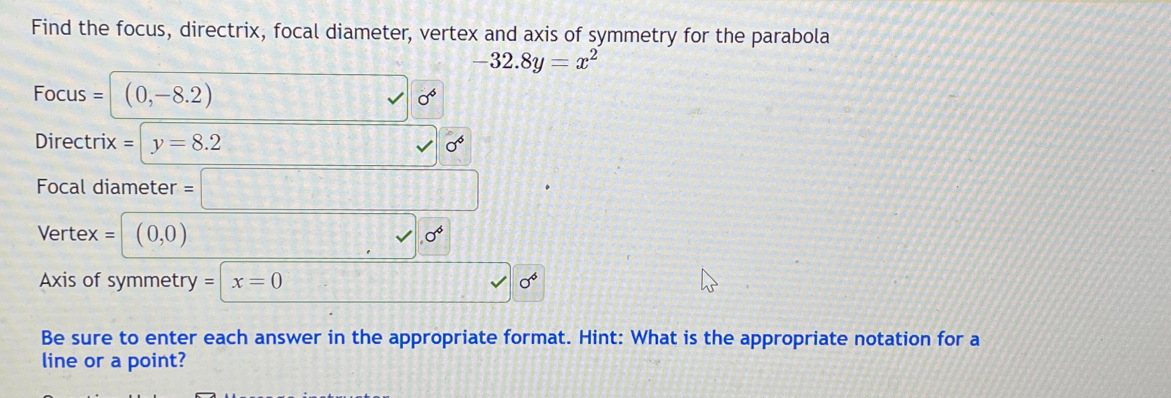Solved Find the focus, directrix, focal diameter, vertex and | Chegg.com