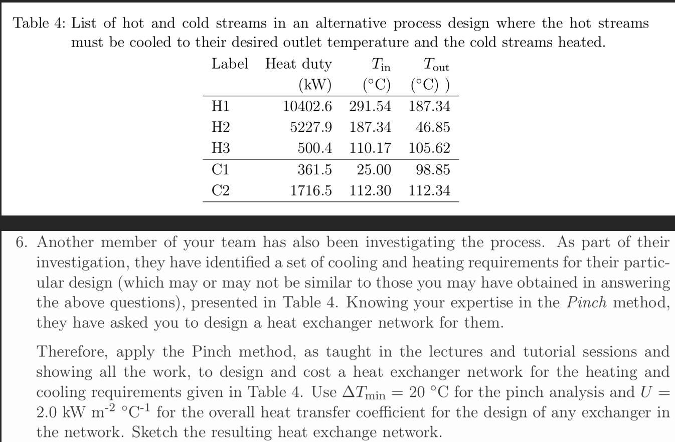 Solved Table 4: List of hot and cold streams in an | Chegg.com
