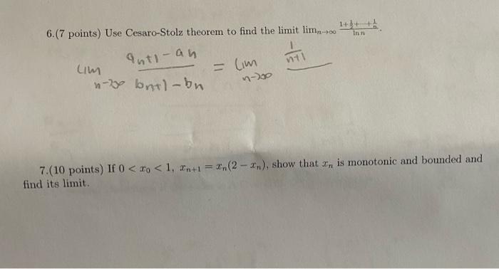 Solved 6. (7 points) Use Cesaro-Stolz theorem to find the | Chegg.com