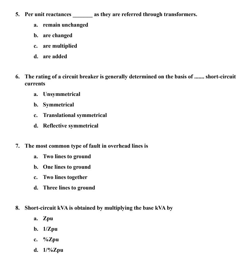 Solved 5. Per unit reactances as they are referred through | Chegg.com