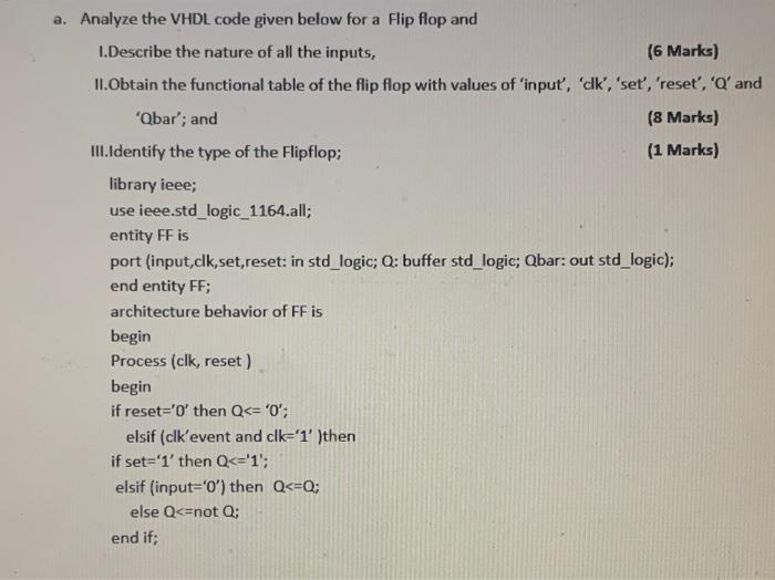 Solved a. Analyze the VHDL code given below for a Flip flop | Chegg.com