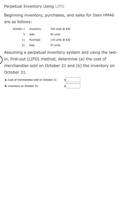 Solved Perpetual Inventory Using LIFO Beginning inventory, | Chegg.com