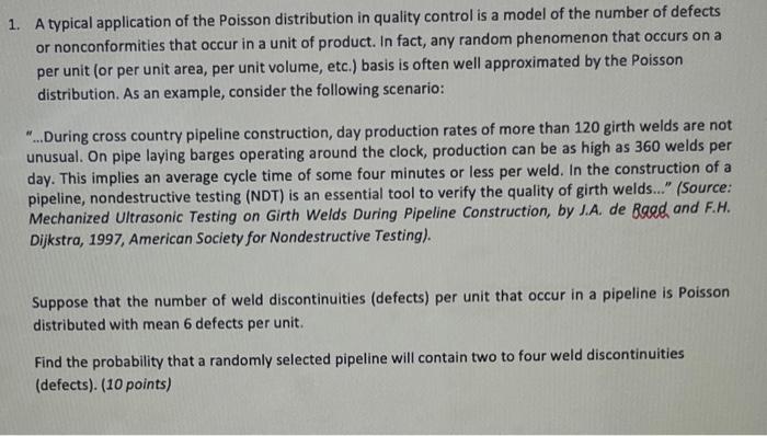 Solved 1. A typical application of the Poisson distribution | Chegg.com