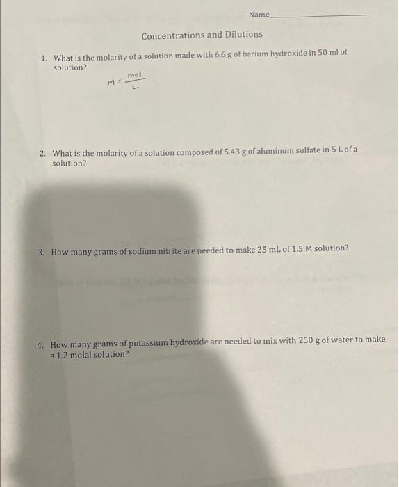 Solved Concentrations and Dilutions 1. What is the molarity | Chegg.com