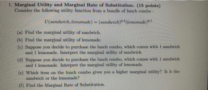 Solved 1. Marginal Utility and Marginal Rate of | Chegg.com