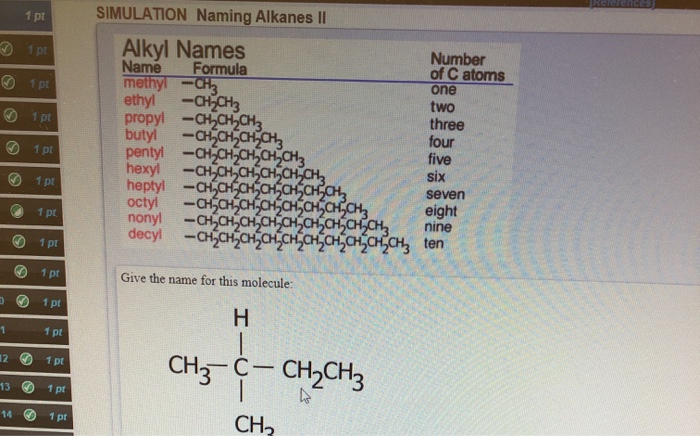 Solved SIMULATION Naming Alkanes II 3 1 pt TPE 1 pe -CH2CH3 | Chegg.com