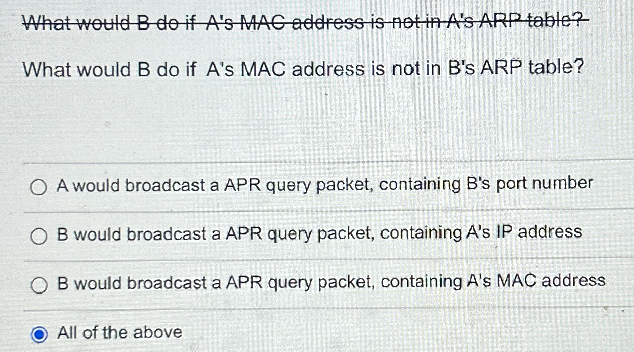 Solved What would B do if A's MAC address is not in B's ARP | Chegg.com