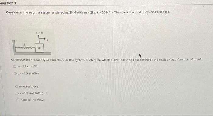 Solved question 1 Consider a mass-spring system undergoing | Chegg.com