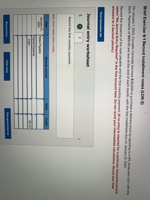 Solved Brief Exercise 9-1 Record installment notes (L09-2) | Chegg.com