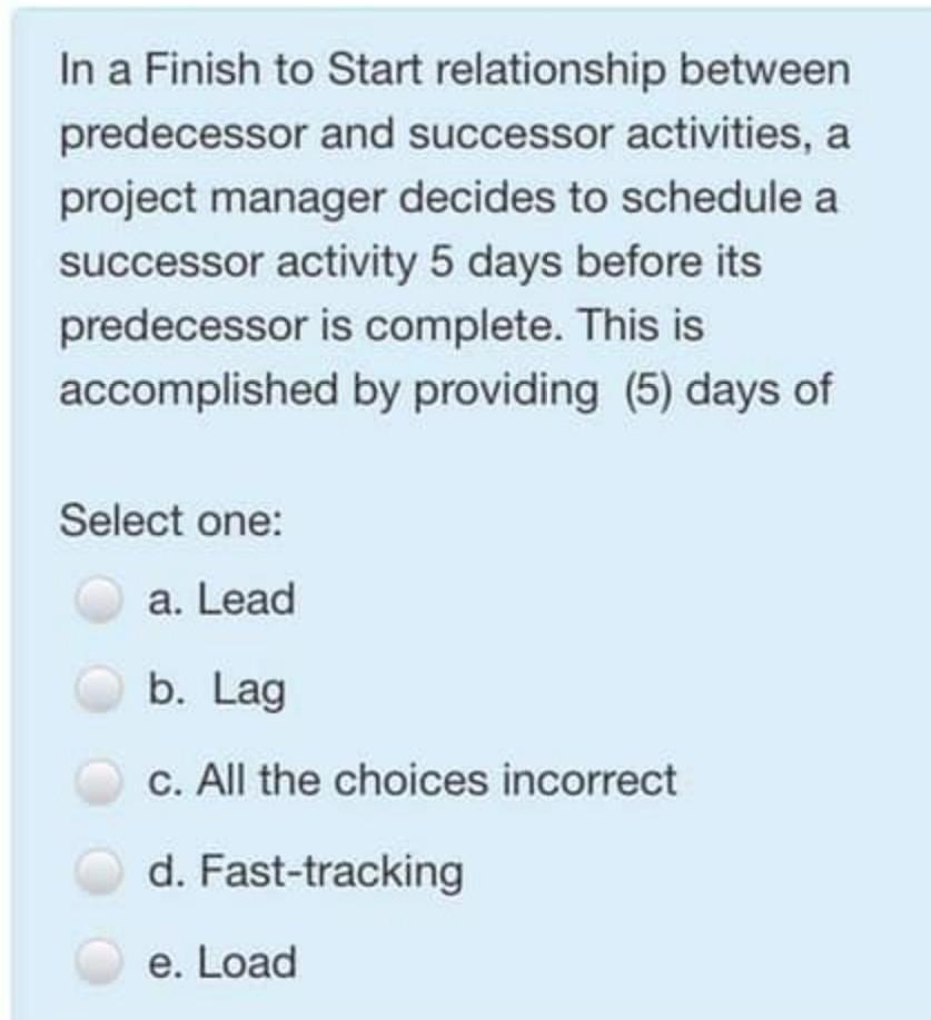 Solved In a Finish to Start relationship between predecessor | Chegg.com