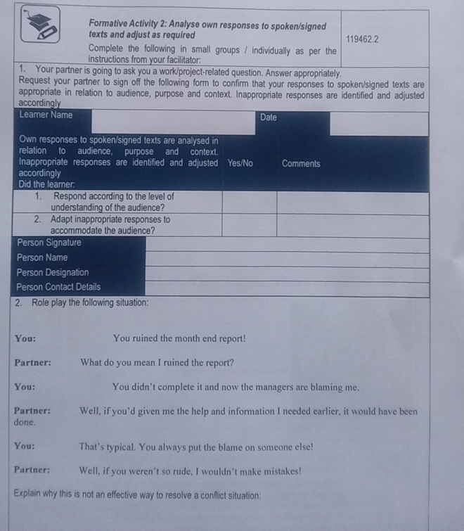 Solved Formative Activity 2: Analyse own responses to | Chegg.com