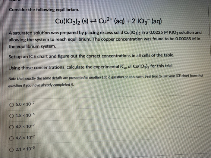 Solved LIUCI LE TUHOwing equilibrium. Cu(IO3)2 (s) = Cu2+ | Chegg.com