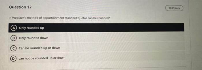 Solved In Webster's method of apportionment standard quotas | Chegg.com