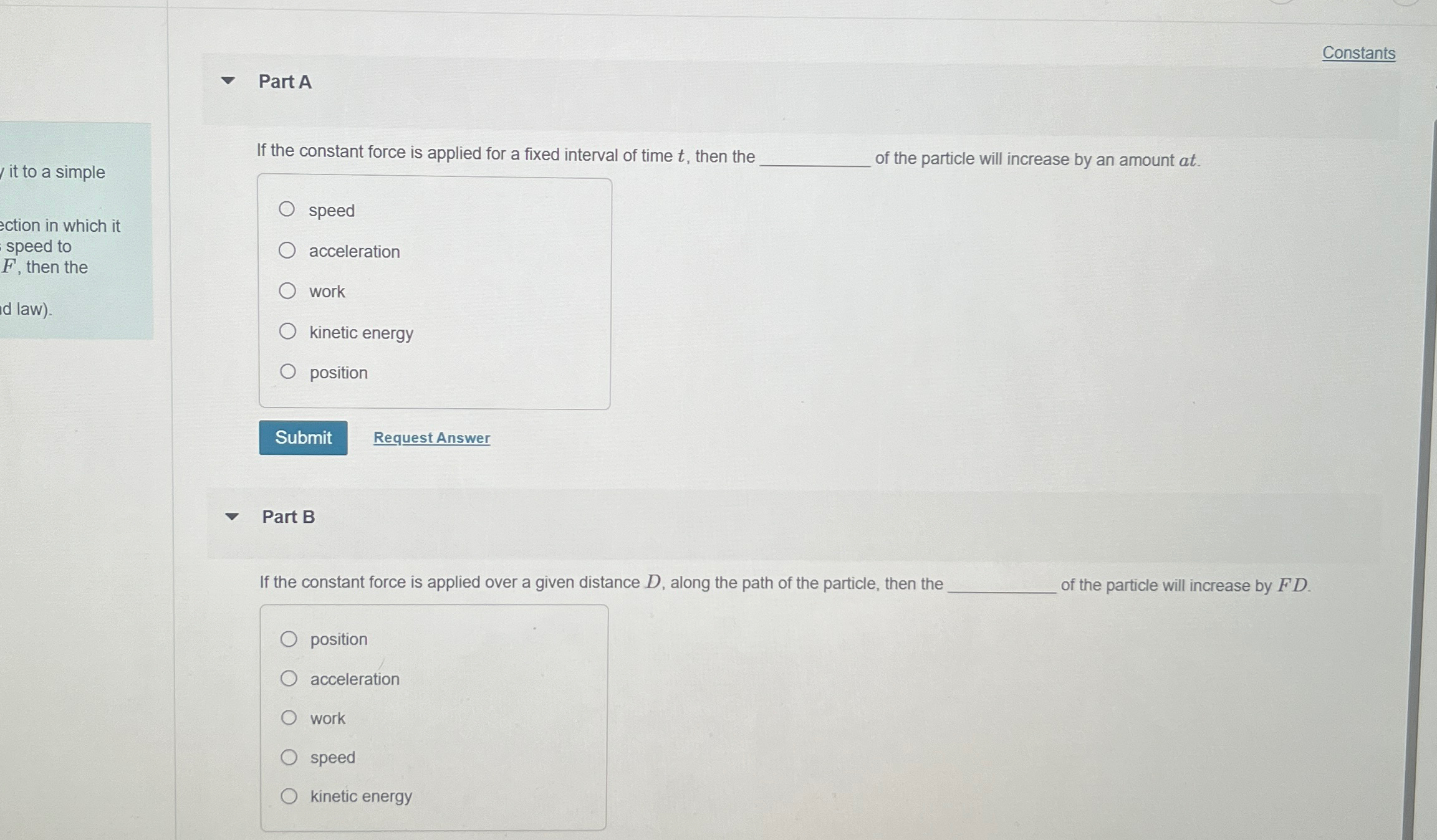Solved ConstantsPart AIf the constant force is applied for a | Chegg.com