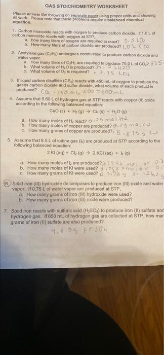Solved GAS STOICHIOMETRY WORKSHEET Please answer the | Chegg.com