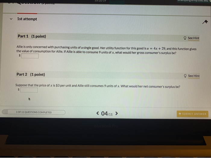 Solved 1st attempt See Hint (1 point) Part 1 Amanda's | Chegg.com