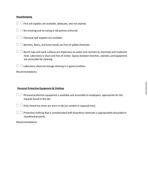Lab Inspection Checklist Inspection Team: Inspect the | Chegg.com