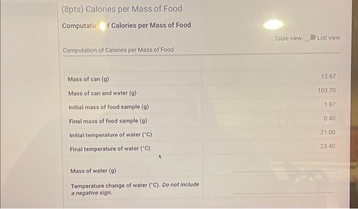 Solved (8pts) Calories per Mass of Food Computatic f | Chegg.com