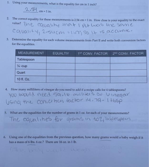 Solved 1. Using your measurements, what is the equality for | Chegg.com