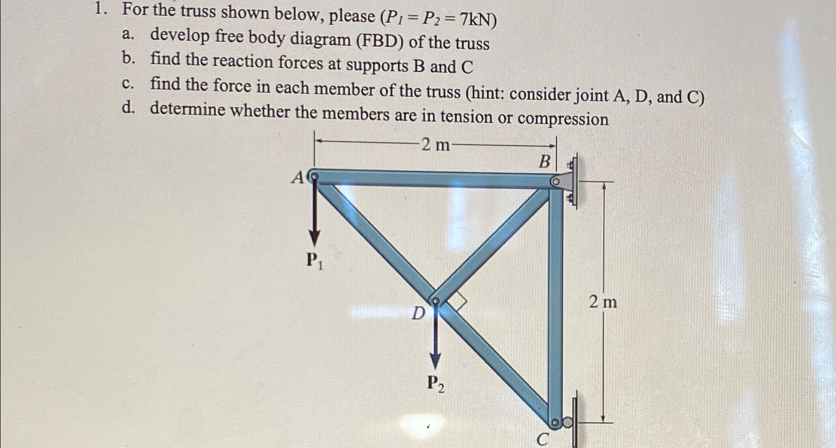 For the truss shown below, please )=P2=(7kNa. | Chegg.com