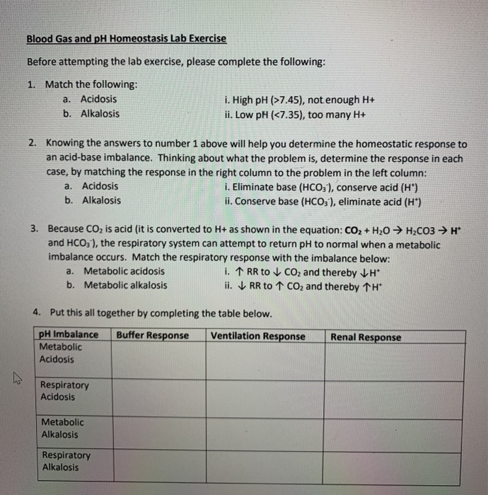 Solved Blood Gas and pH Homeostasis Lab Exercise Before | Chegg.com