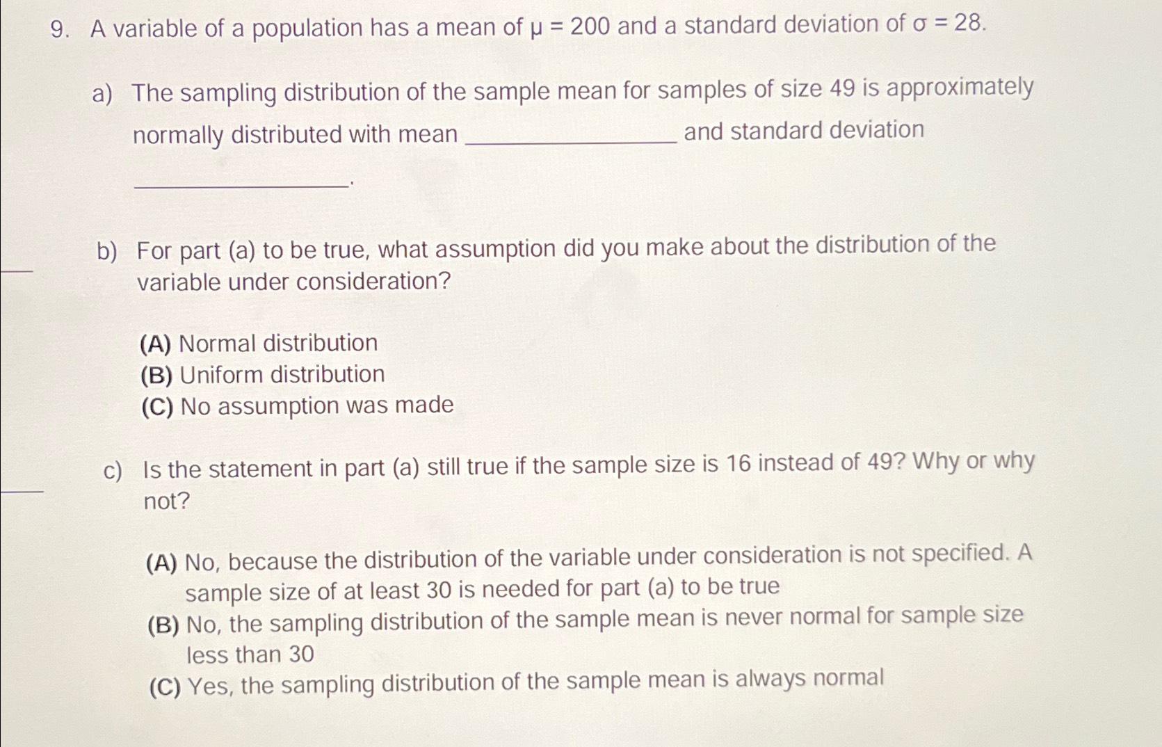 Solved A variable of a population has a mean of μ=200 ﻿and a | Chegg.com
