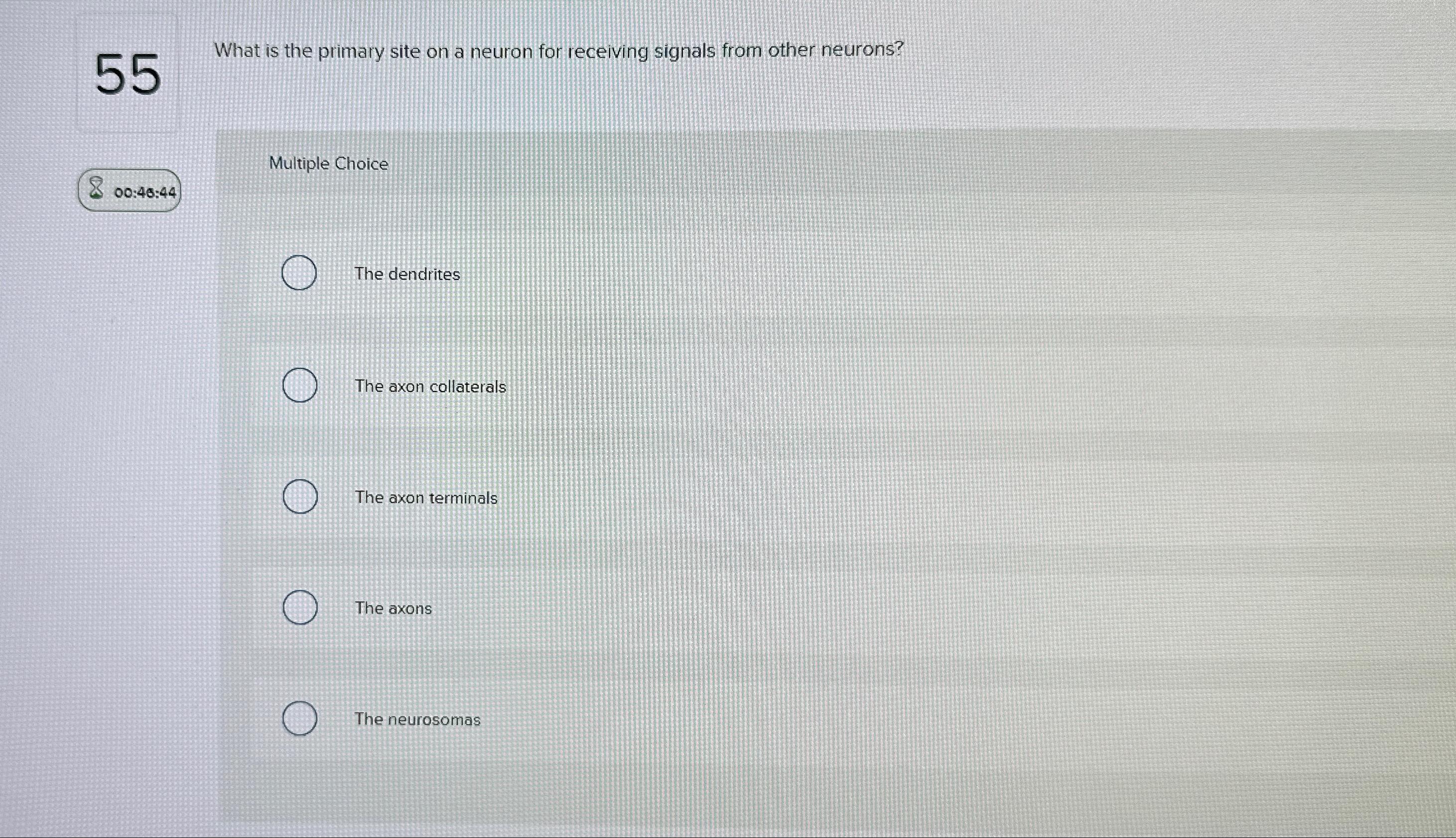 Solved 55What is the primary site on a neuron for receiving | Chegg.com