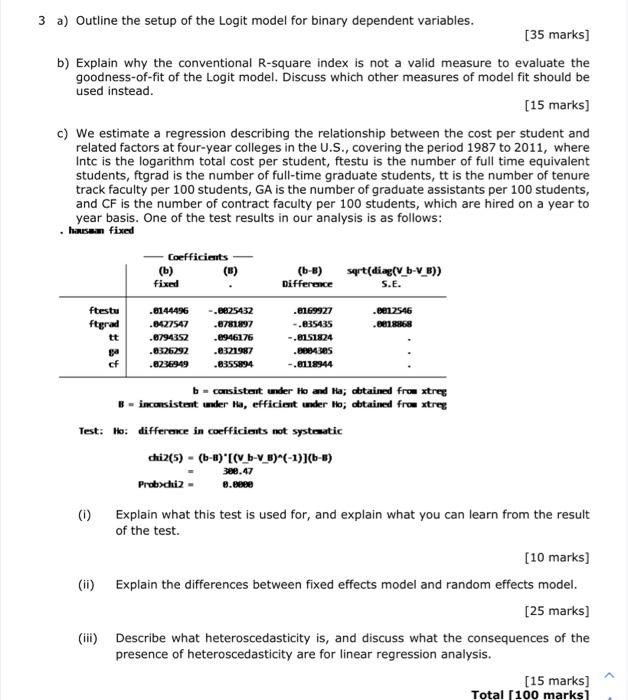 3 a) Outline the setup of the Logit model for binary | Chegg.com