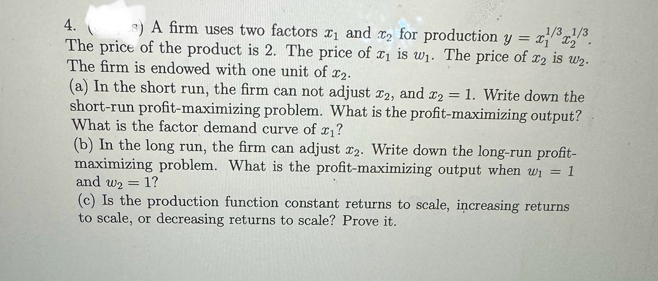 Solved A firm uses two factors x1 ﻿and x2 ﻿for production | Chegg.com